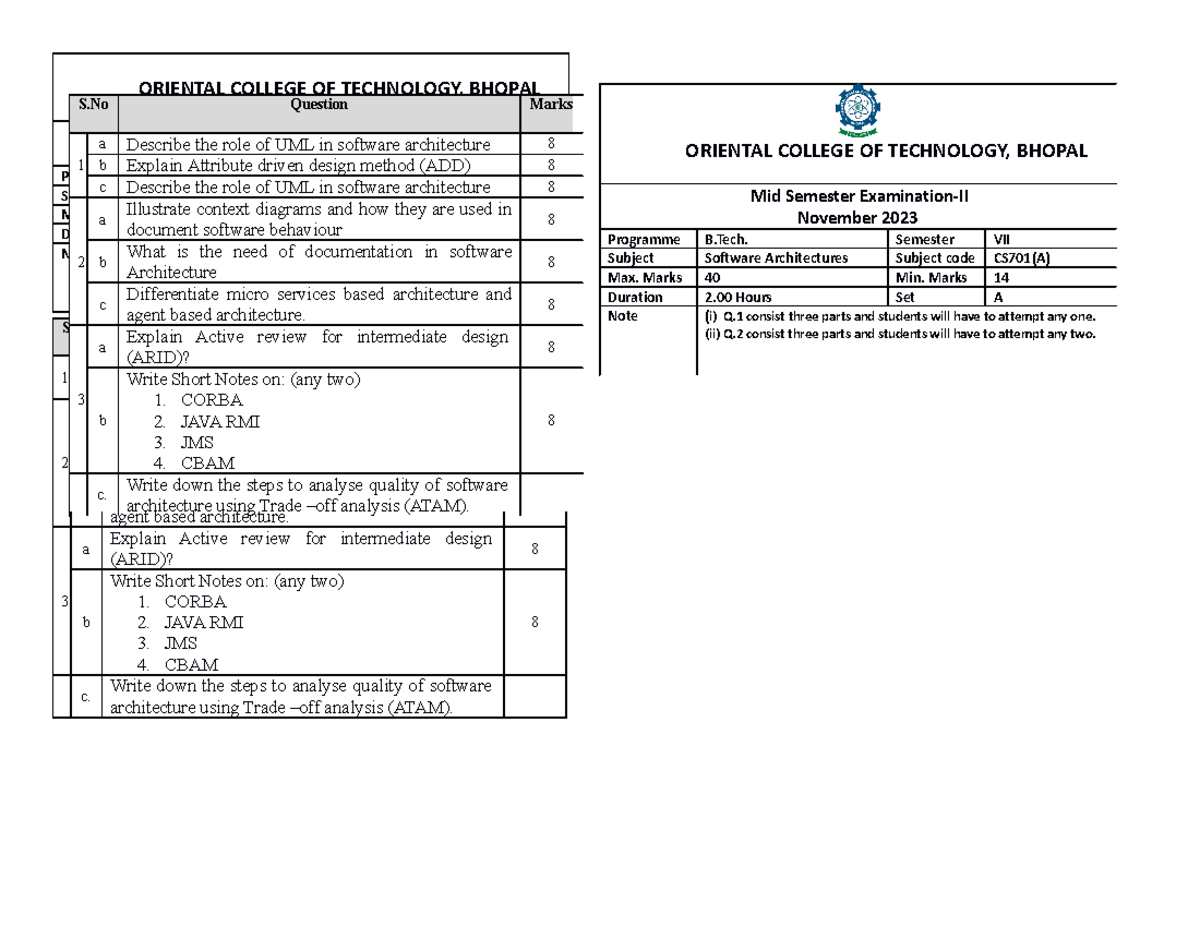 MID Semester 2 VII SEM Software Architectures - ORIENTAL COLLEGE OF ...