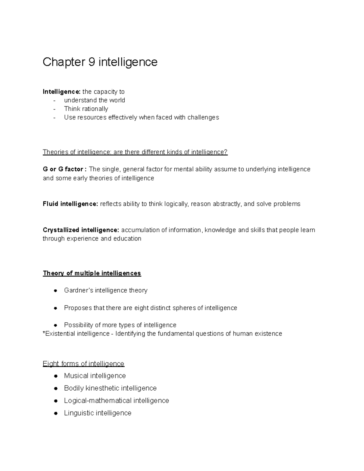 Chapter 9 - Intelligence - Chapter 9 intelligence Intelligence: the ...