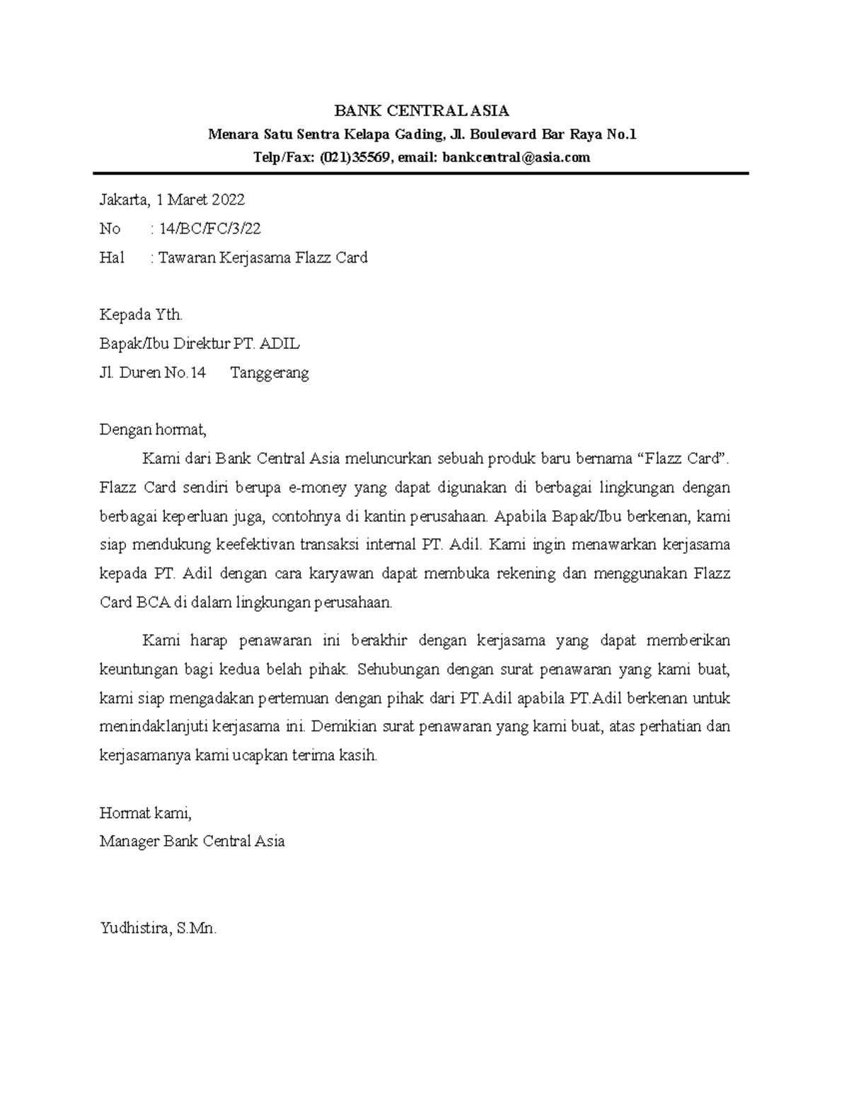 Surat Eskternal - BANK CENTRAL ASIA Menara Satu Sentra Kelapa Gading ...