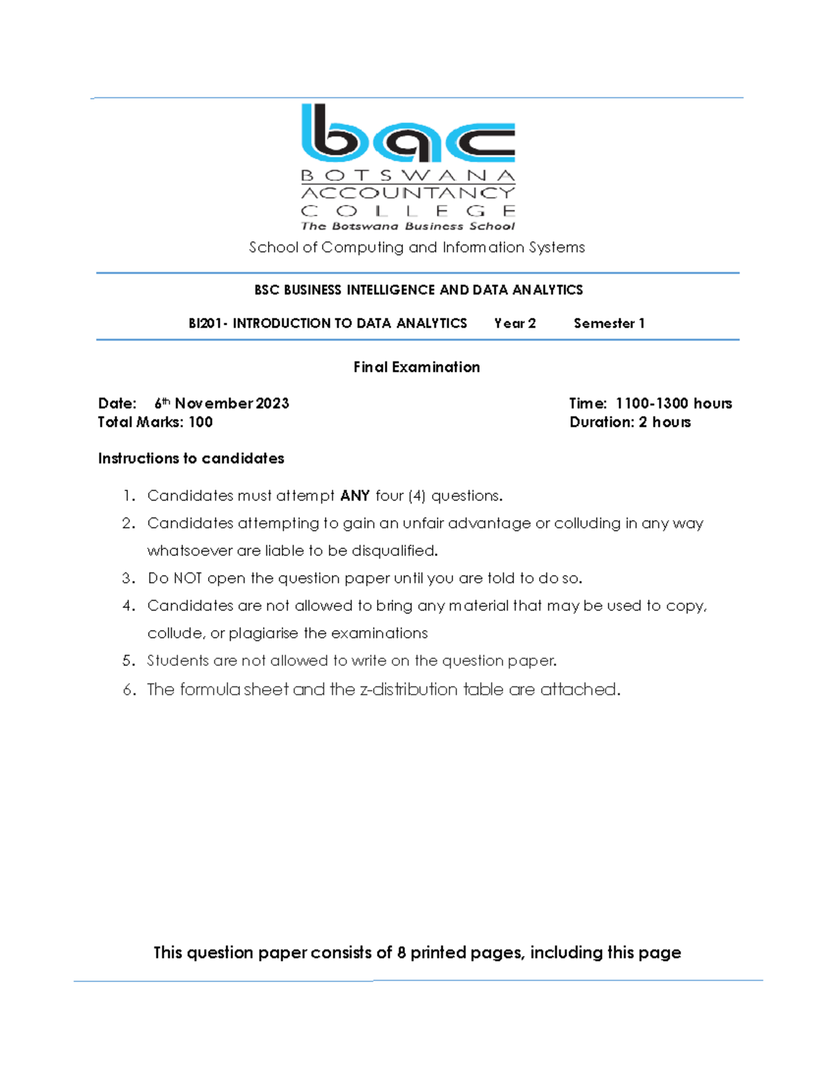 IDA final Examination 2023 sem 1 M Version 2 - School of Computing and Information Systems BSC ...