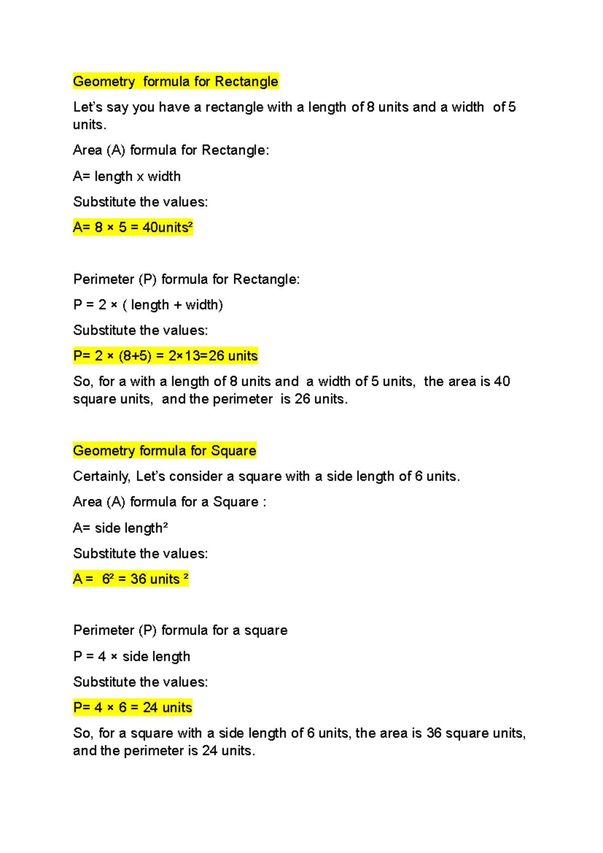 Geometry Formula - Area (A) formula for Rectangle: A= length x width ...