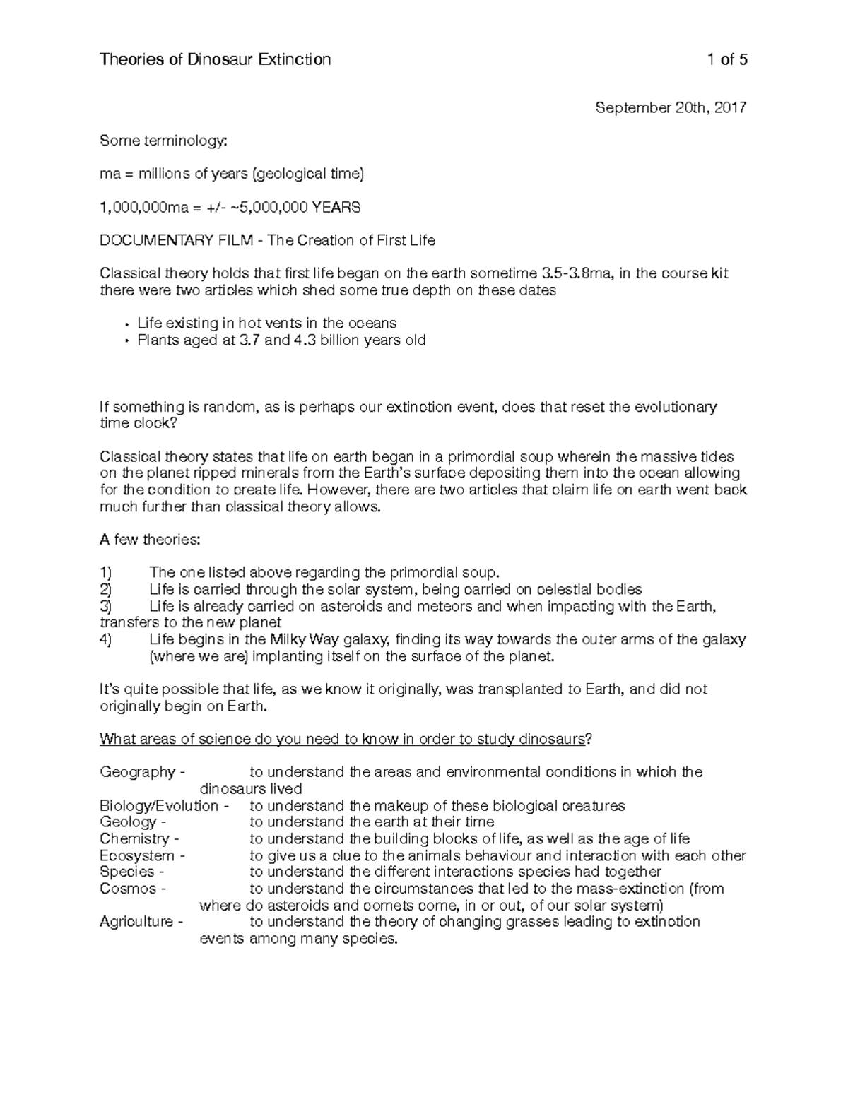 Theories of DInosaur Extinction Lecture Notes - Theories of Dinosaur ...