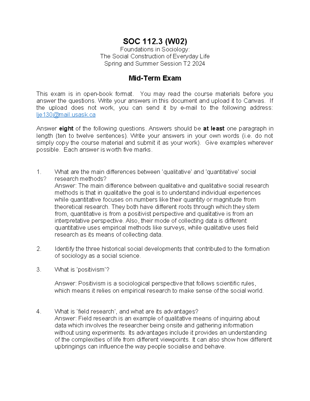 SOC 112 mid-term exam-1 - SOC 112 (W02) Foundations in Sociology: The ...