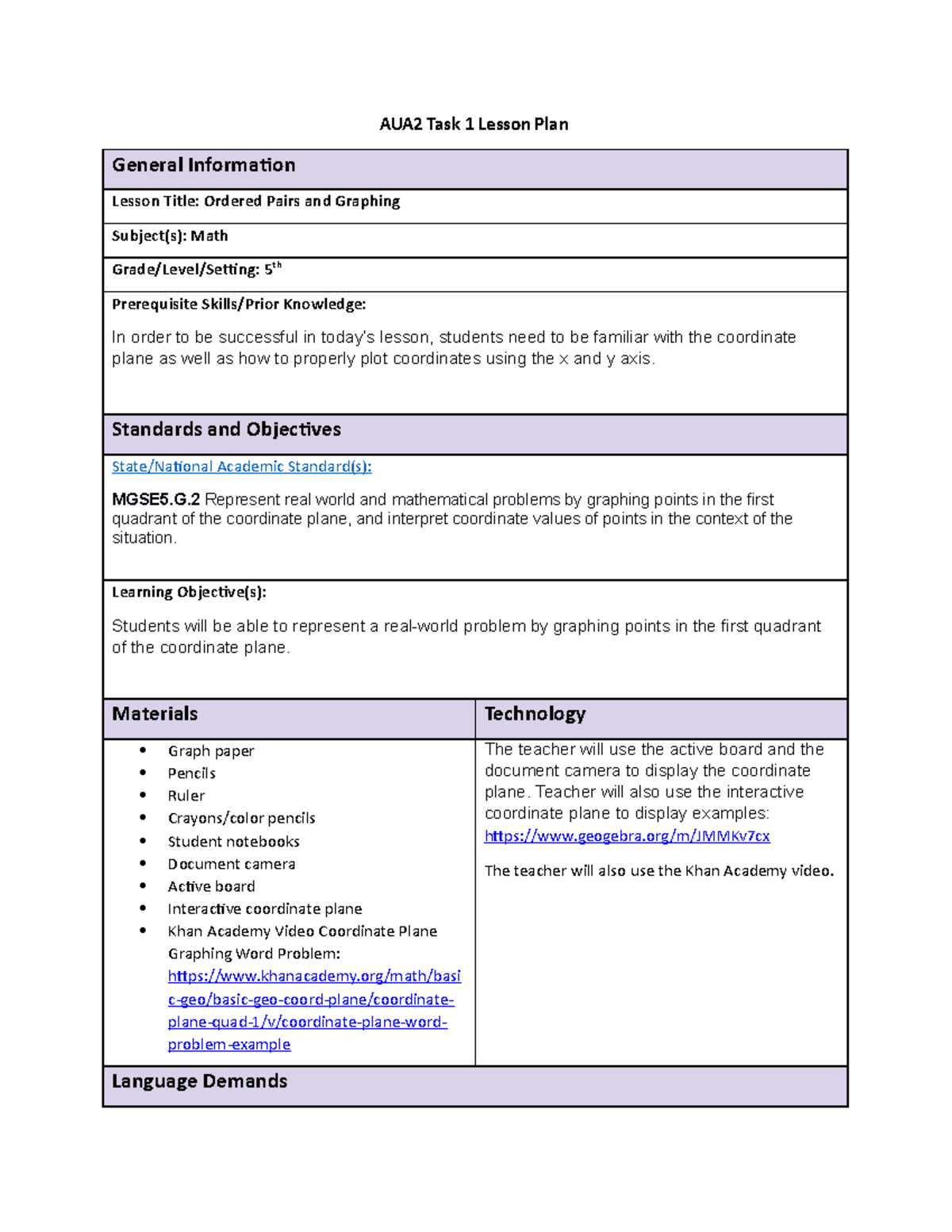 AUA2 Task 1 Lesson Plan - AUA2 Task 1 Lesson Plan General Informaion ...