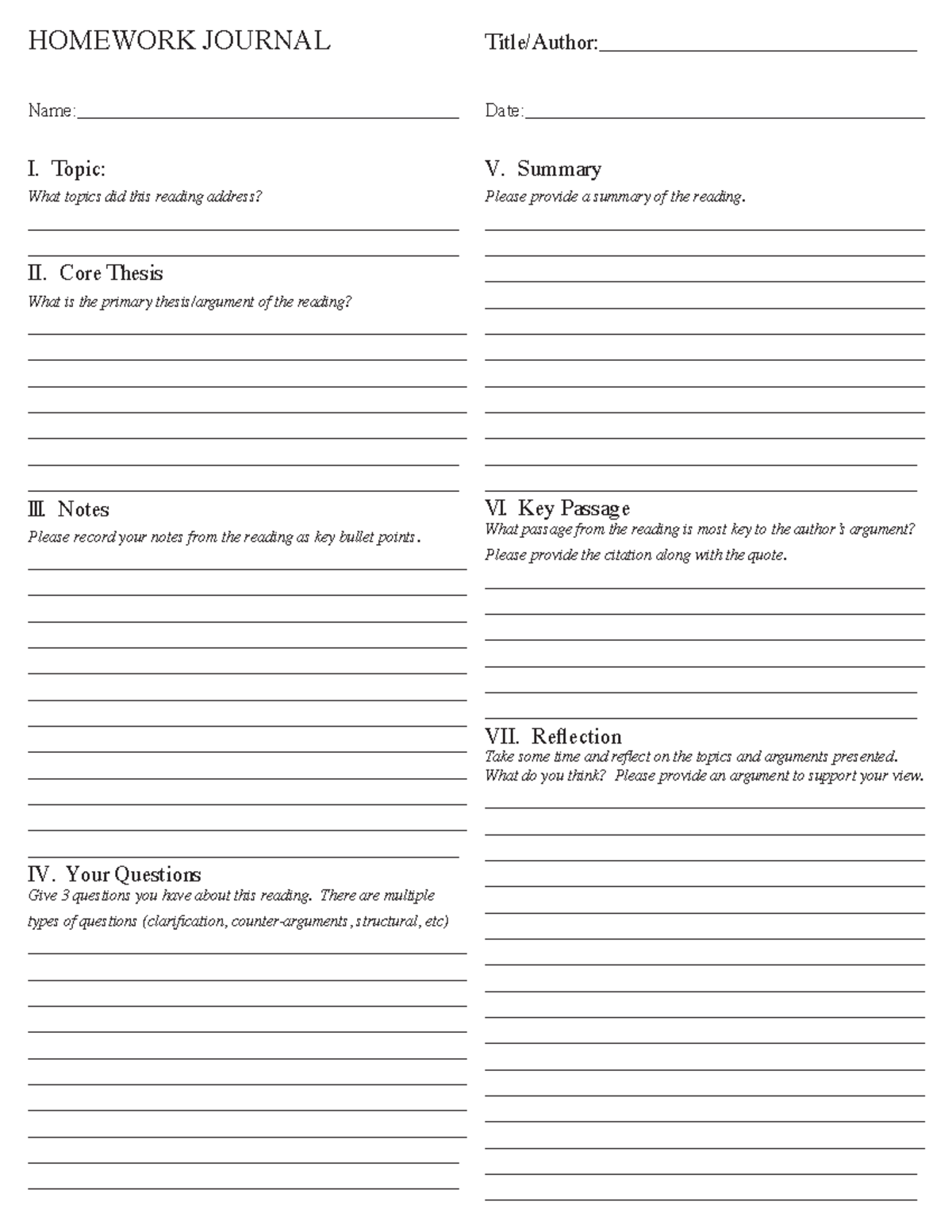Homework Journal Template 1 - HOMEWORK JOURNAL Name: I. Topic: What ...