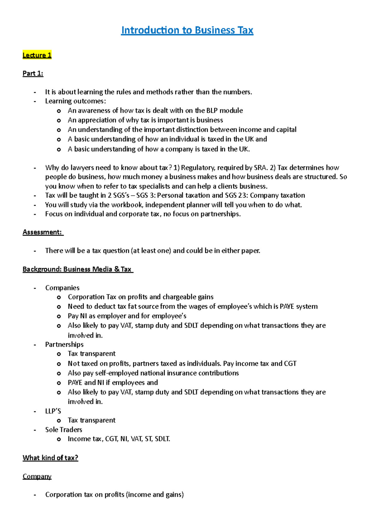 Introduction to Business Tax - Introduction to Business Tax Lecture 1 ...