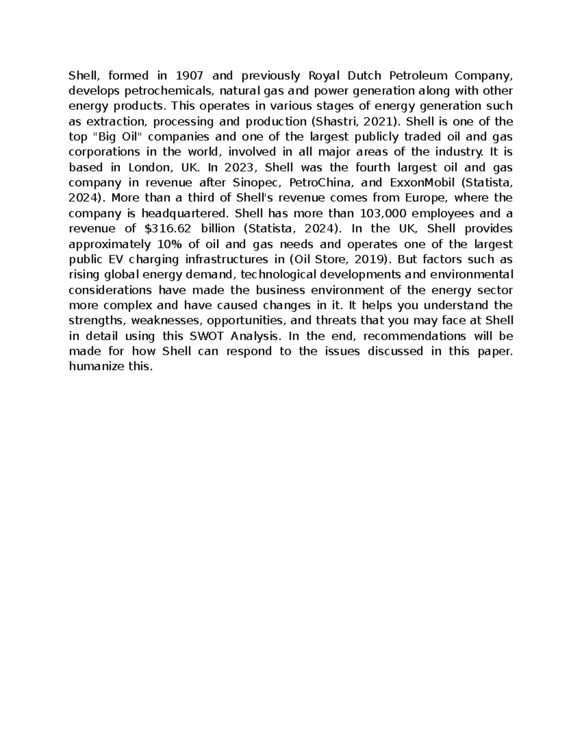 SWOT analysis & feseibility report - Shell, formed in 1907 and ...