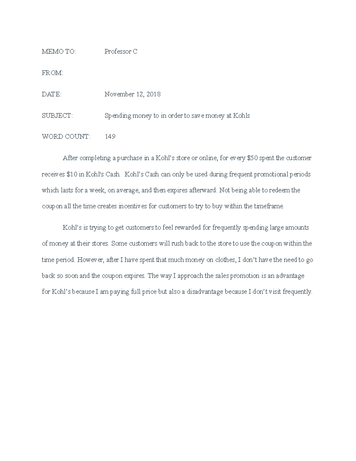 MKTG Sales Promotion - MEMO TO: Professor C FROM: DATE: November 12 ...