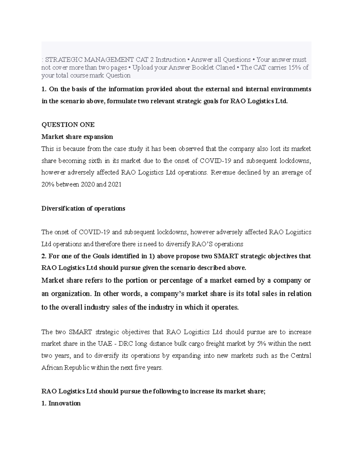 Stratetics AND M CAT2 (1) Attempted - : STRATEGIC MANAGEMENT CAT 2 ...