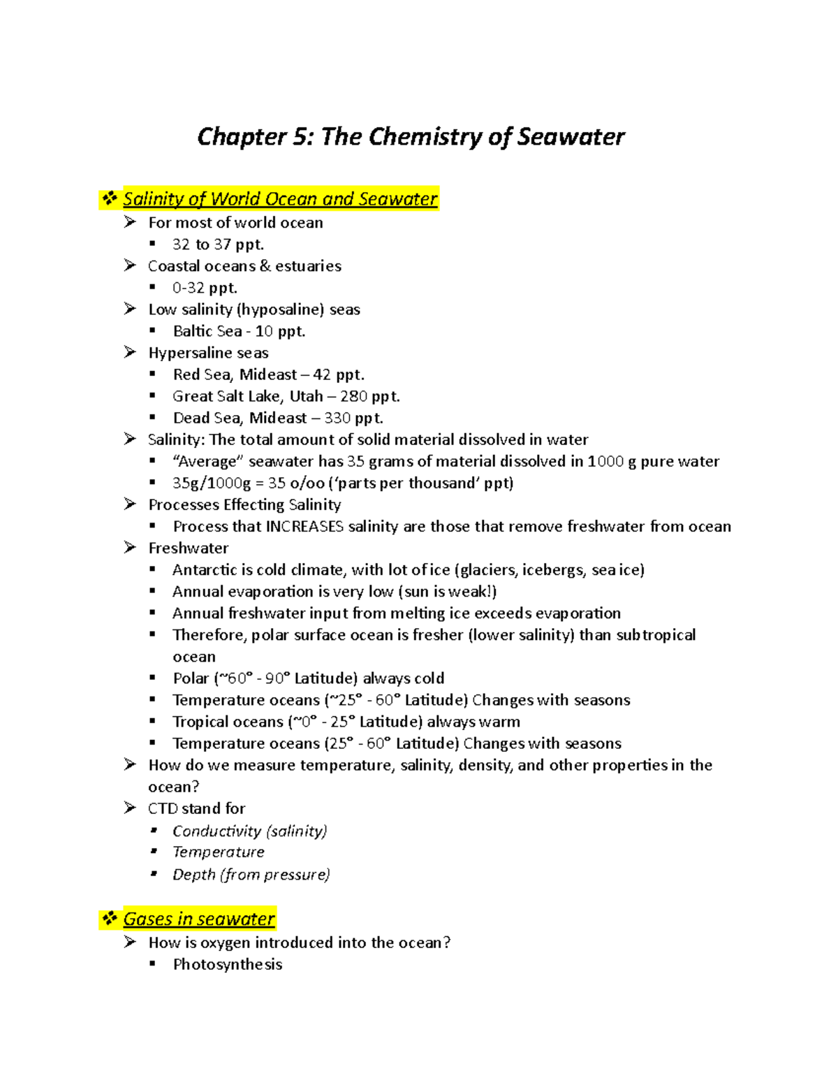 Chemistry of Seawater: Salinity Gases and Nutrients - Studocu