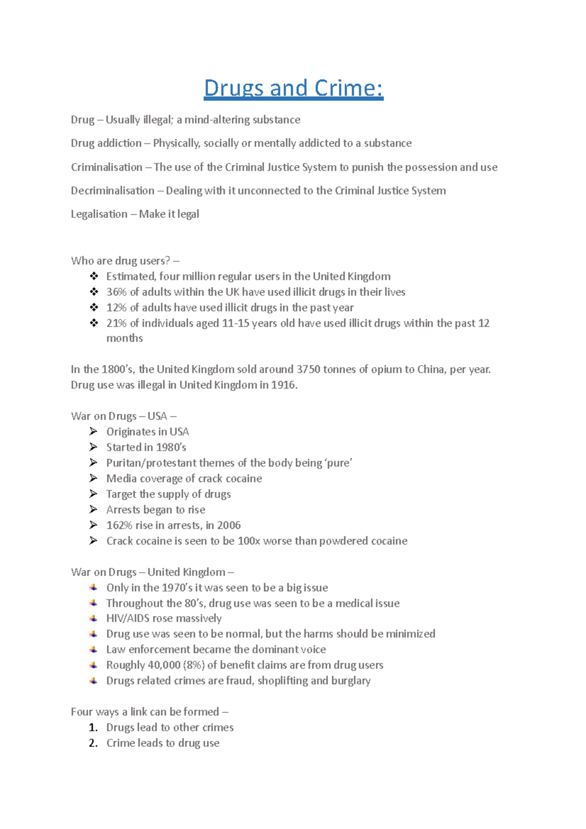 Drugs and Crime, Lecture 6 - Drugs and Crime: Drug – Usually illegal; a ...