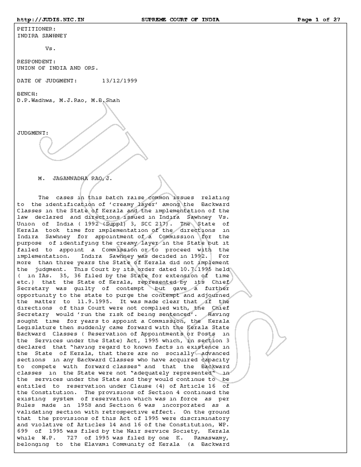 Indra sawhney v. union of india judgement - PETITIONER: INDIRA SAWHNEY ...