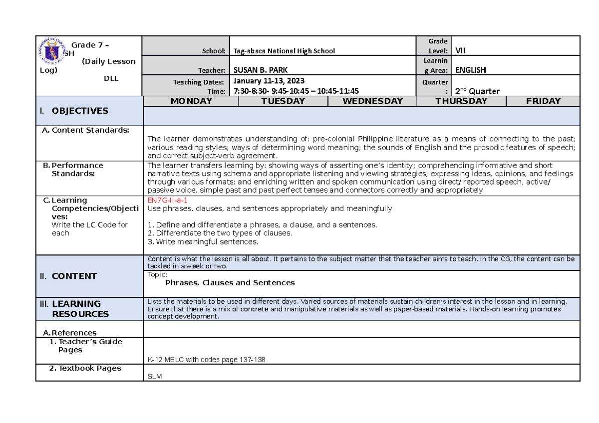 DLL Phrases, Clauses and Sentences - Grade 7 – ENGLISH (Daily Lesson ...