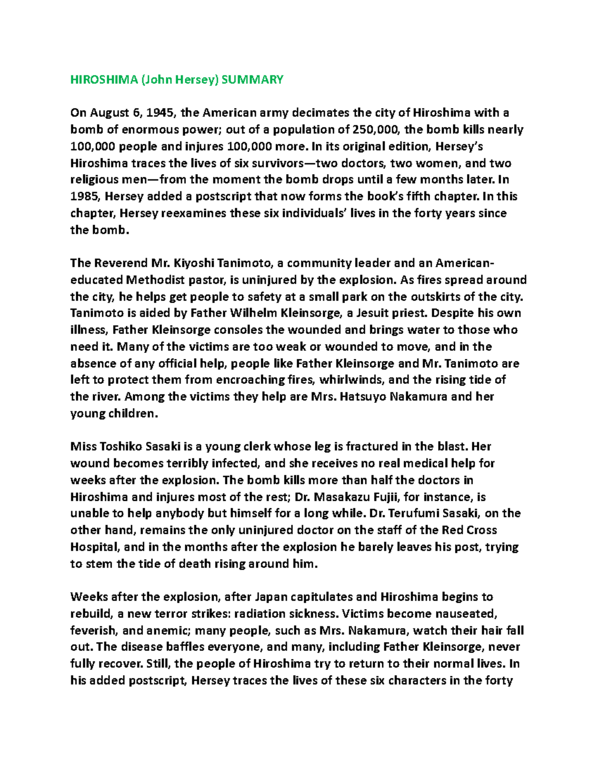 Hiroshima-summary - Hiroshima - HIROSHIMA (John Hersey) SUMMARY On ...