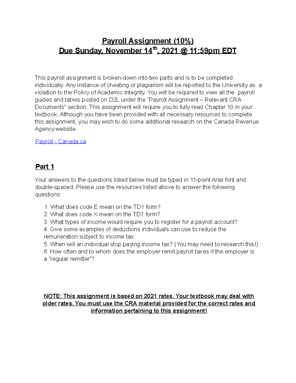 ACCT 2001 - Payroll Assignment - Payroll Assignment (10%) Due Sunday ...