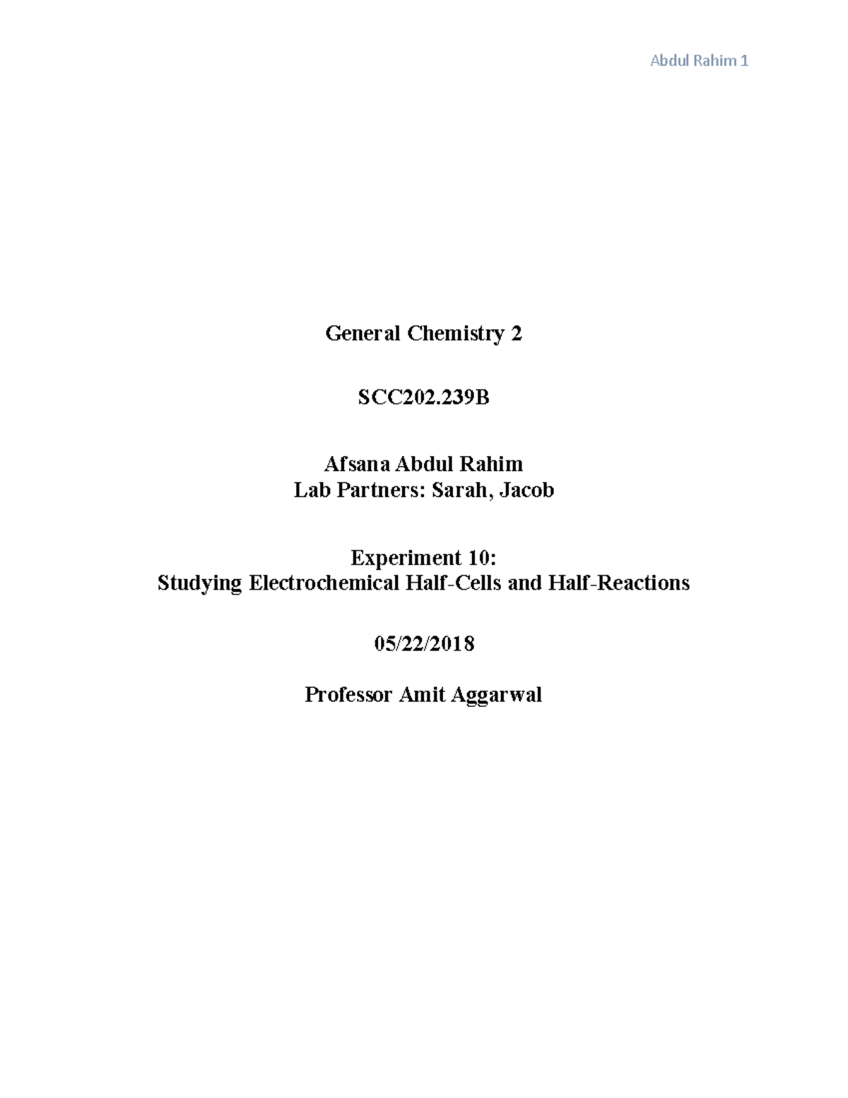 General Chemistry 2 - lab report from the textbook - Abdul Rahim 1 ...