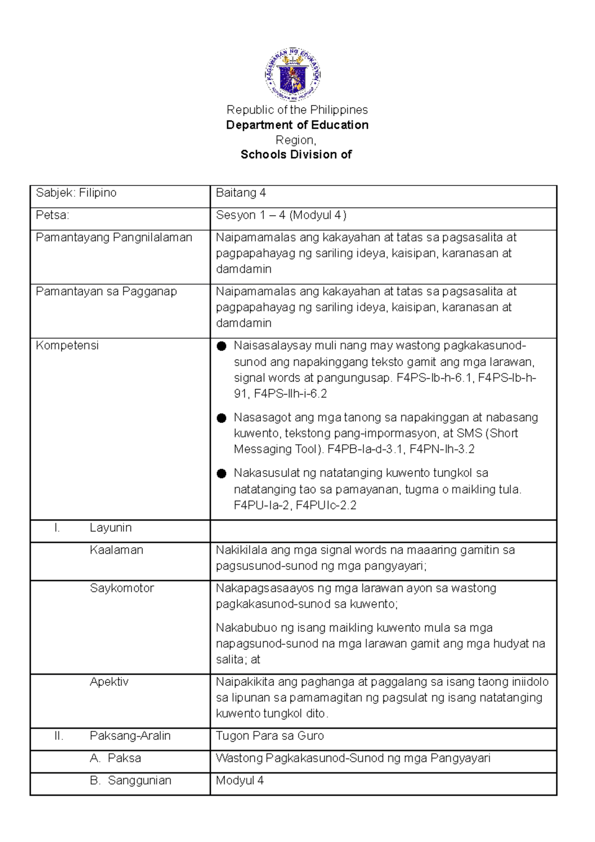 Grade 4 Lesson PLAN Week 13 - Republic of the Philippines Department of ...