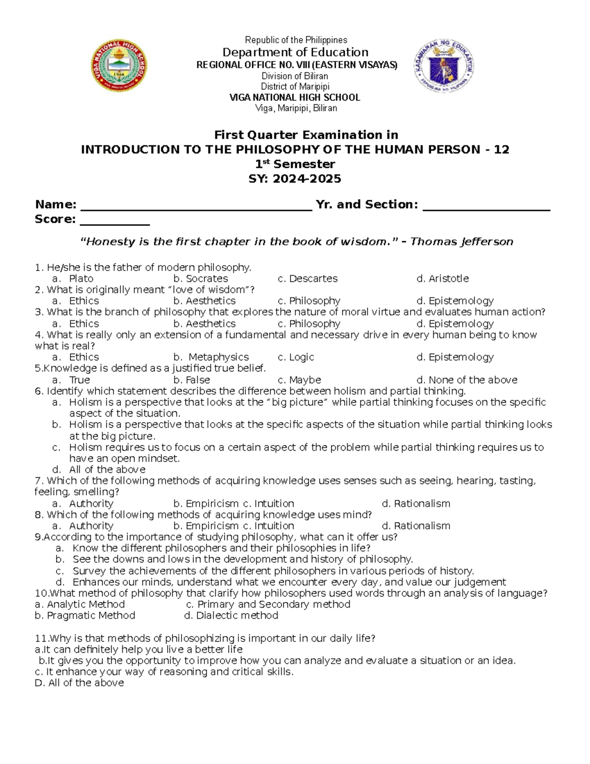 First Examination - Republic of the Philippines Department of Education ...