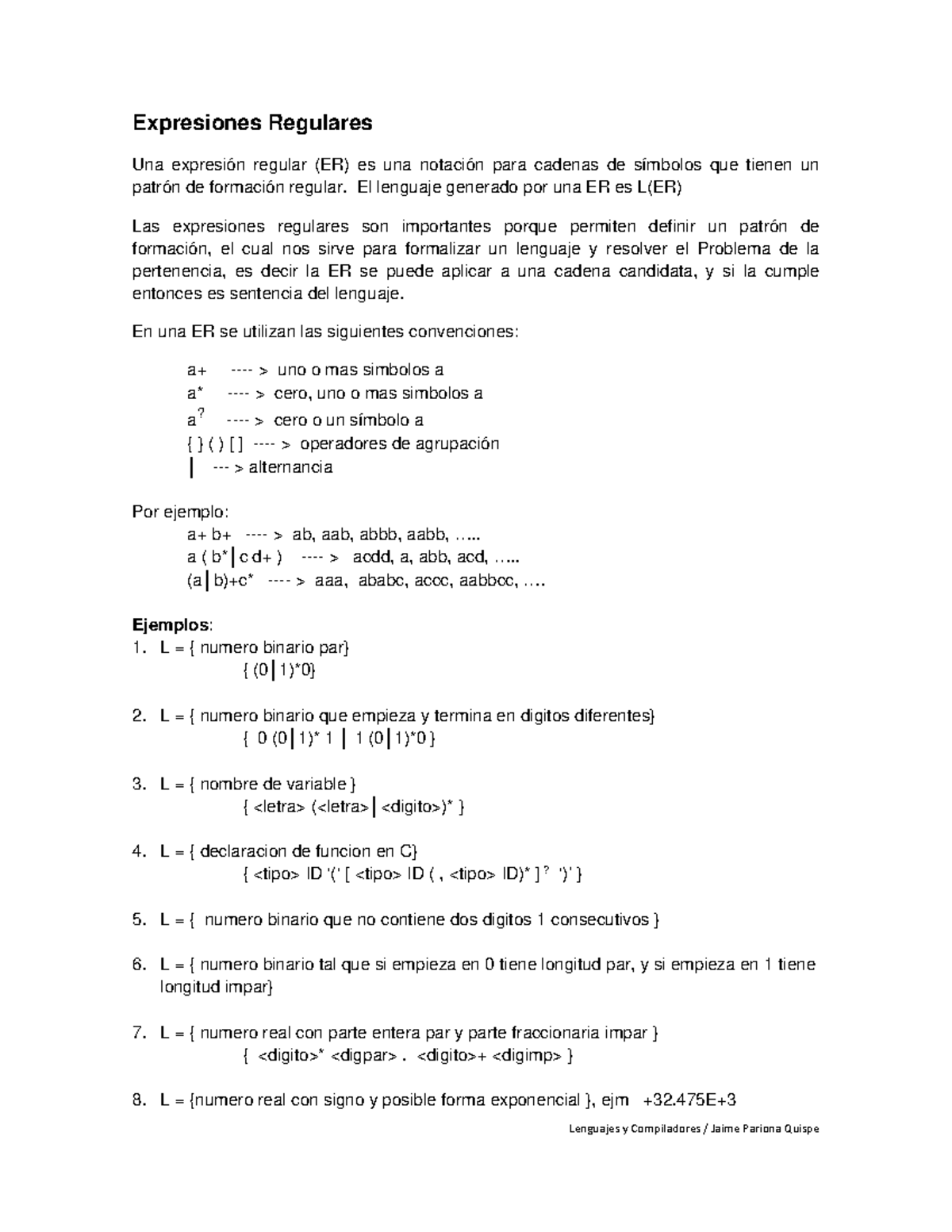 Lc expreg - Apuntes 2 - Expresiones Regulares Una expresión regular (ER ...