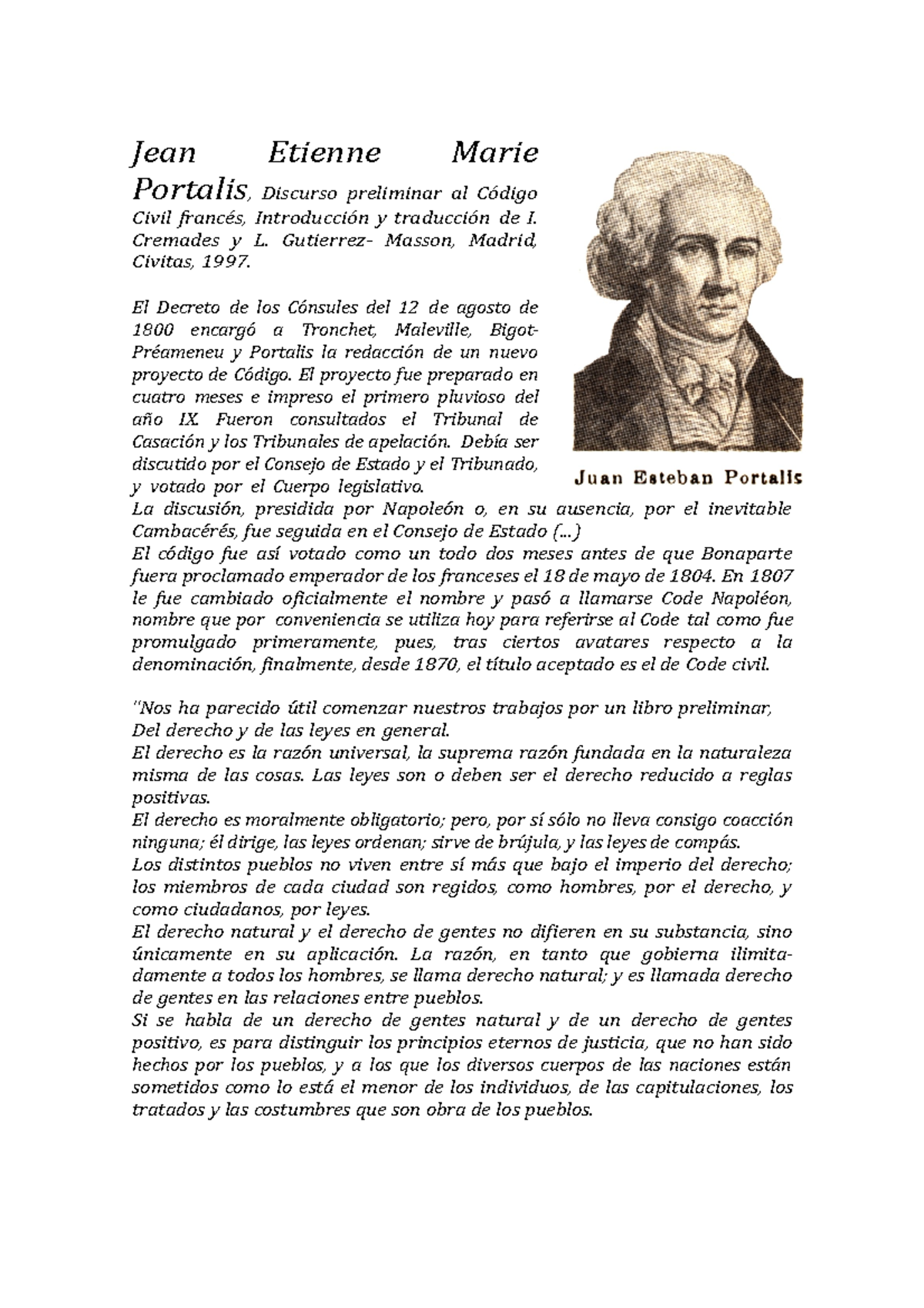 Portalis Discurso Preliminar al Codigo Civil Frances - Jean Etienne ...