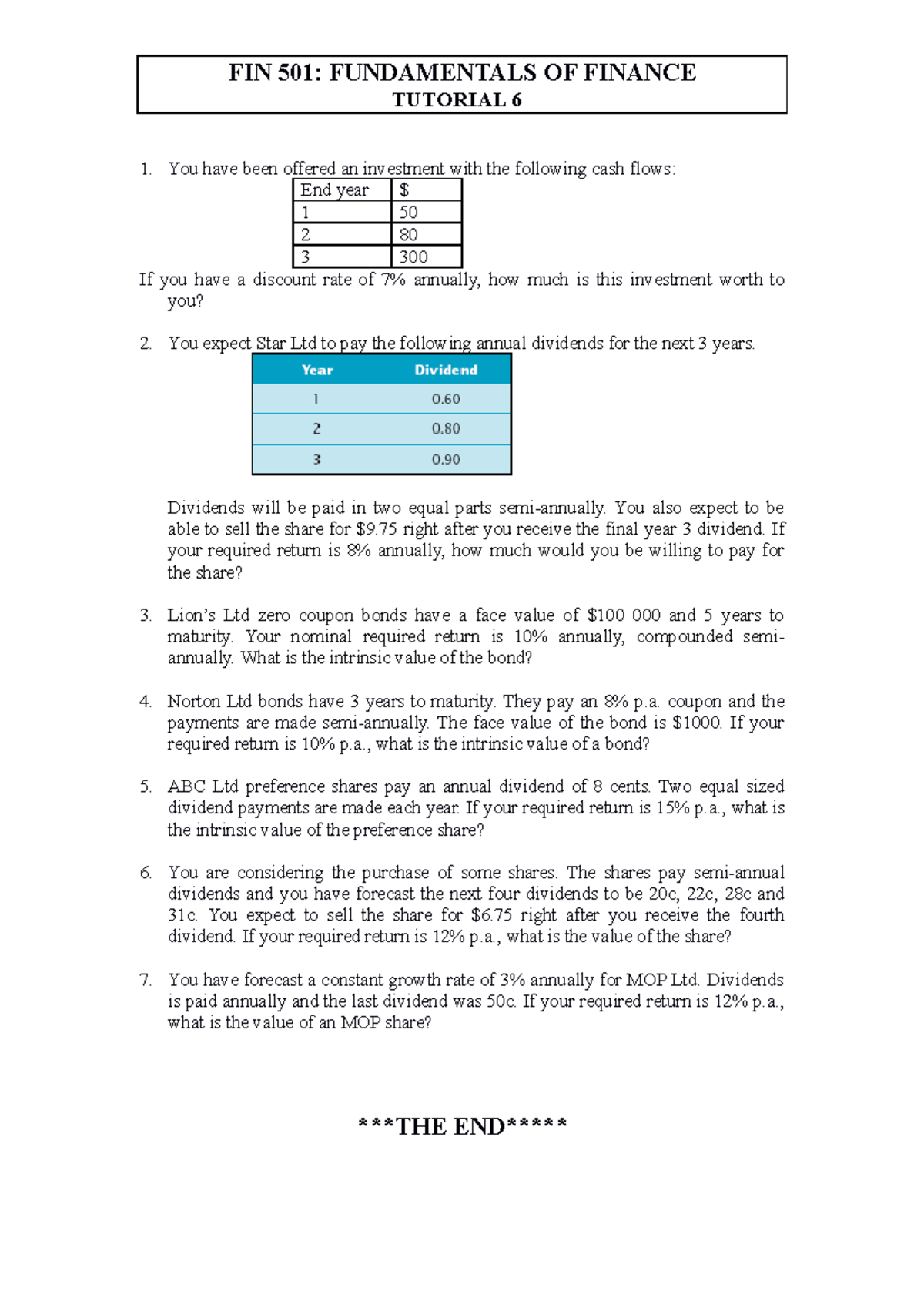 Tutorial 6 - Fundamentals of Finance - Studocu
