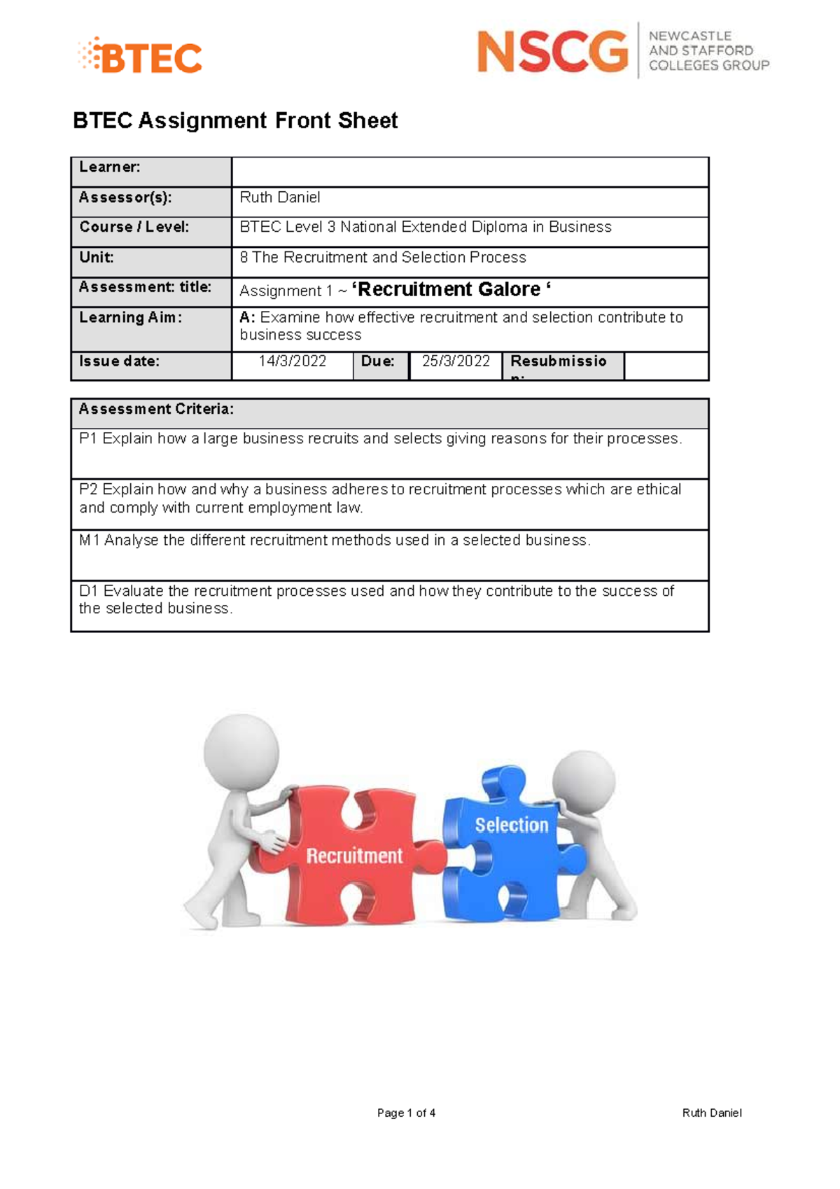 Unit 8 - RS Assignment 1 - Yes G star - BTEC Assignment Front Sheet Learner: Assessor(s): Ruth ...