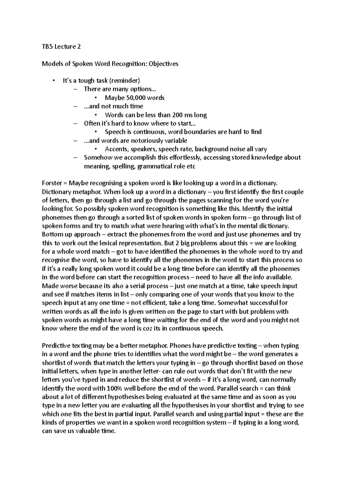 TB5 Lecture 2 - tb5 notes - TB5 Lecture 2 Models of Spoken Word ...