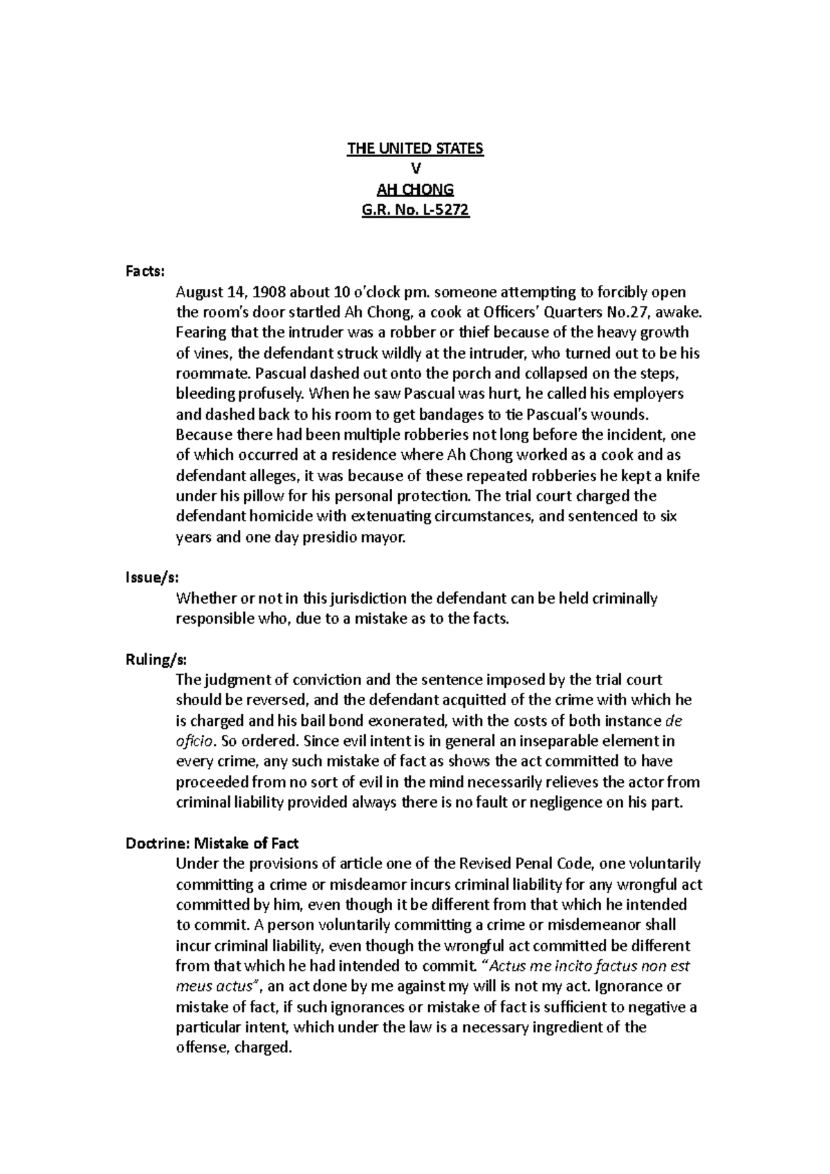 Case Digest US v AH Chong - THE UNITED STATES V AH CHONG G. No. L ...