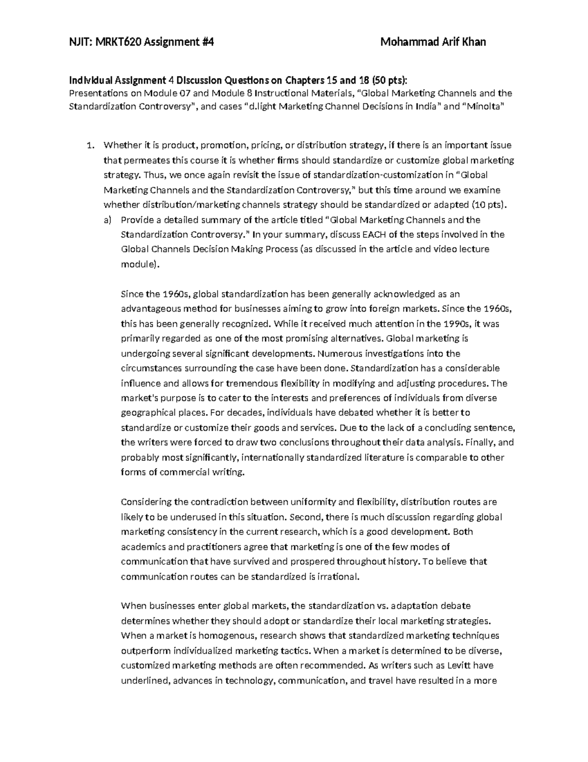 MRKT620 FALL 2021 Assignment 04 - Individual Assignment 4 Discussion Questions on Chapters 15 ...