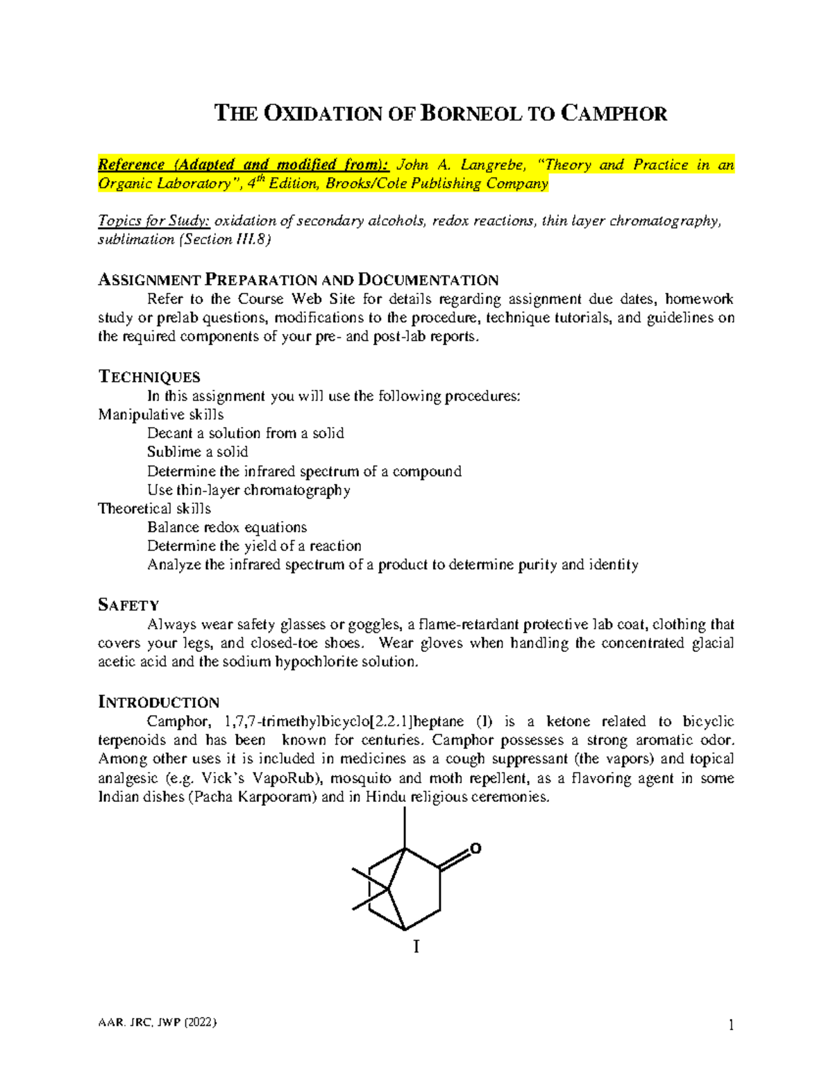 Procedure for Oxidation of Borneol to Camphor - THE OXIDATION OF ...