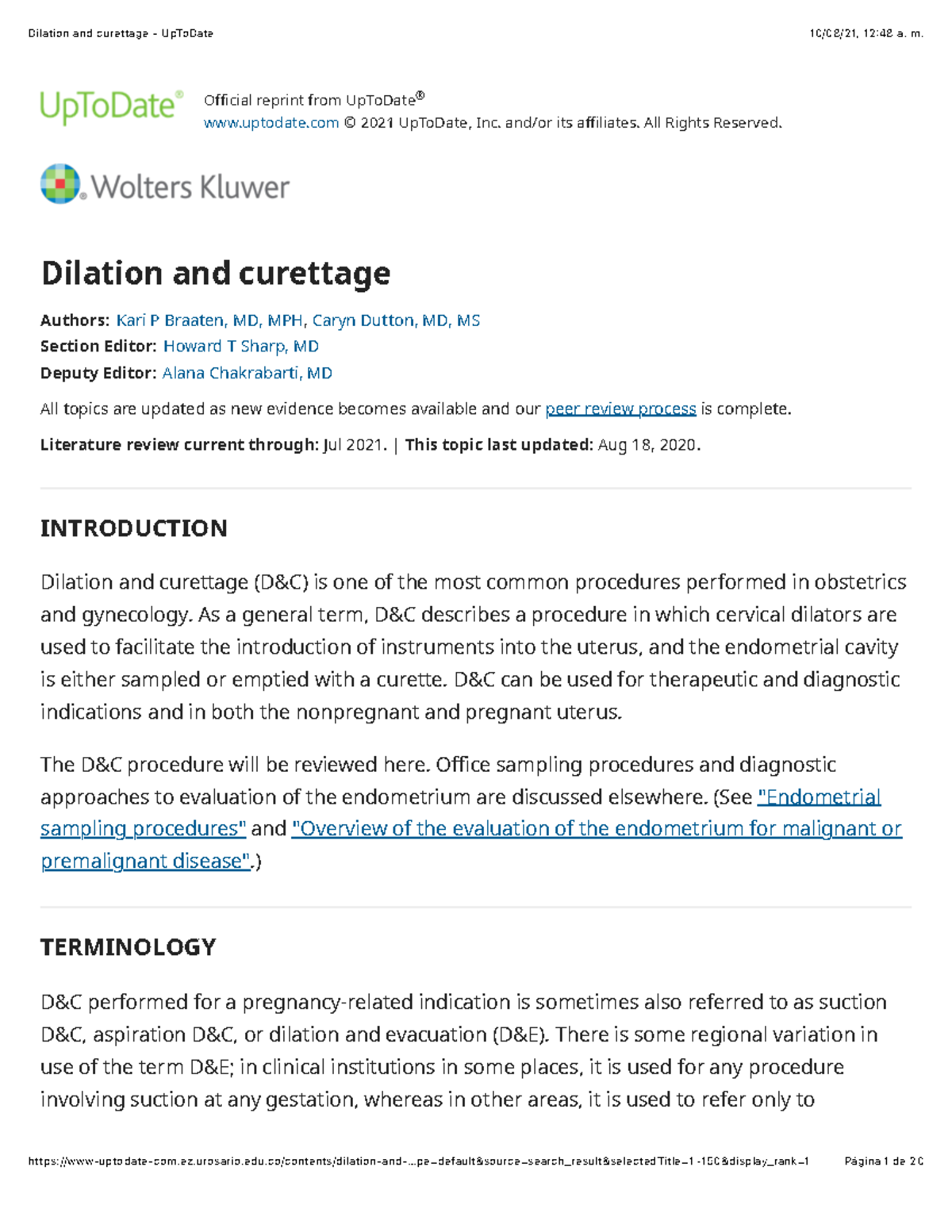 Dilation and curettage - Up To Date - - Studocu