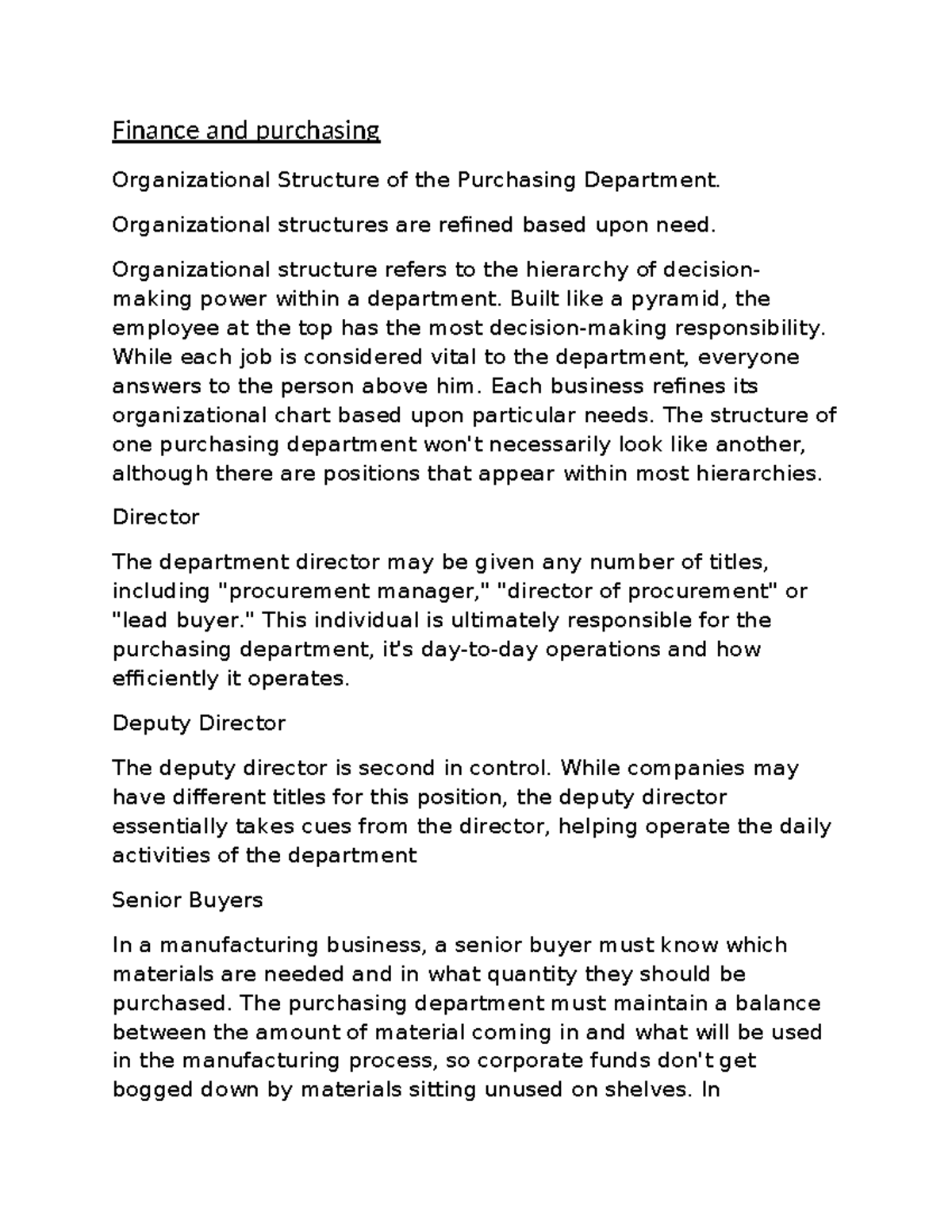 Management part B - Notes - Finance and purchasing Organizational ...