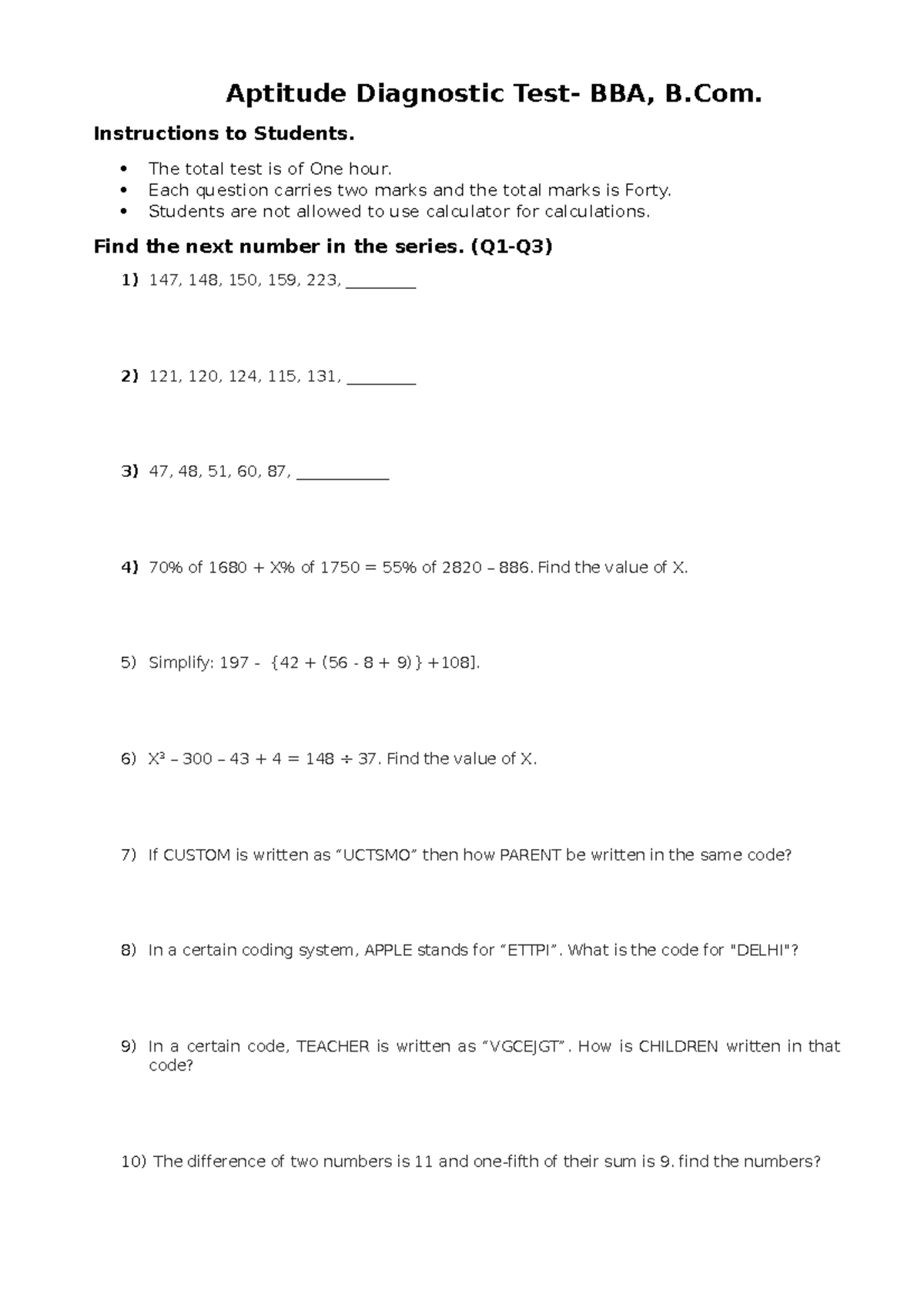 Degree test - Aptitude Diagnostic Test- BBA, B. Instructions to ...