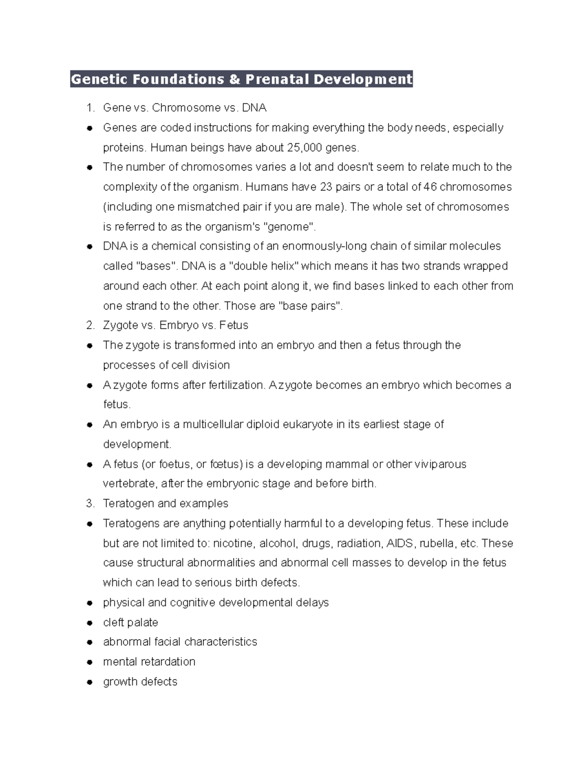 Lecture 4 - Genetic Foundations & Prenatal Development Gene vs ...
