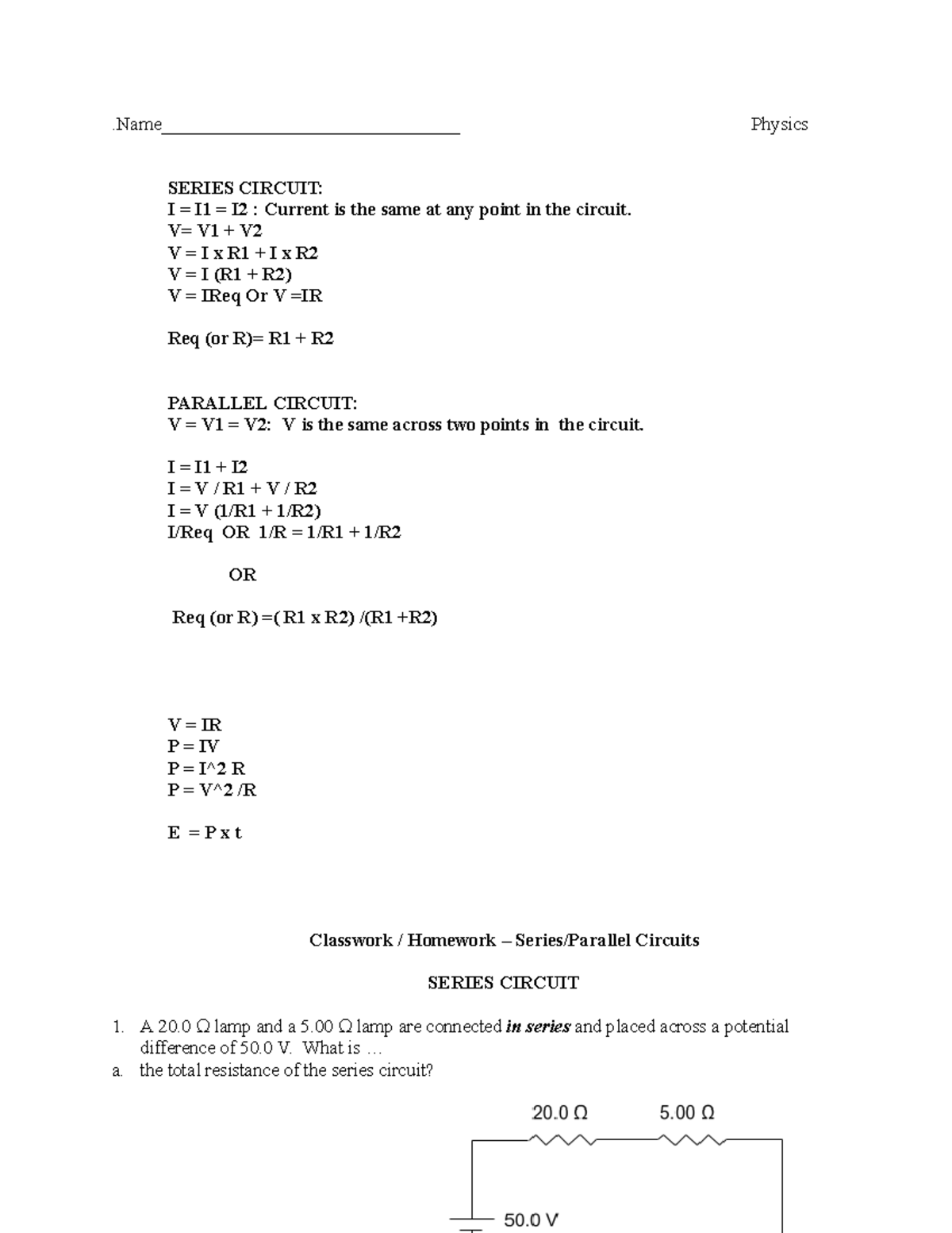 Parallel Circuits Problems - .Name ...