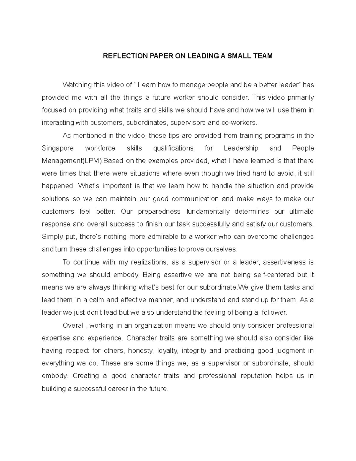 Reflection Paper ON Leading A Small TEAM - REFLECTION PAPER ON LEADING ...