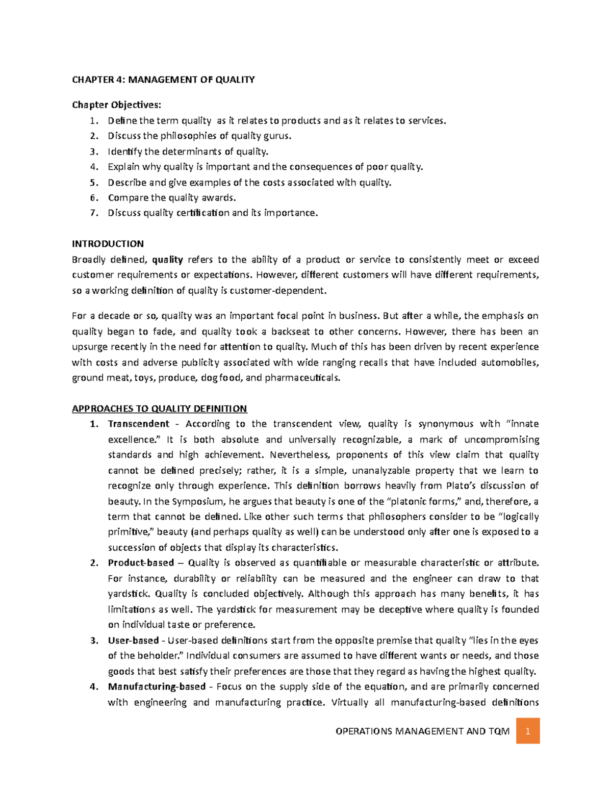 Management of quality - Lecture notes 4 - CHAPTER 4: MANAGEMENT OF ...