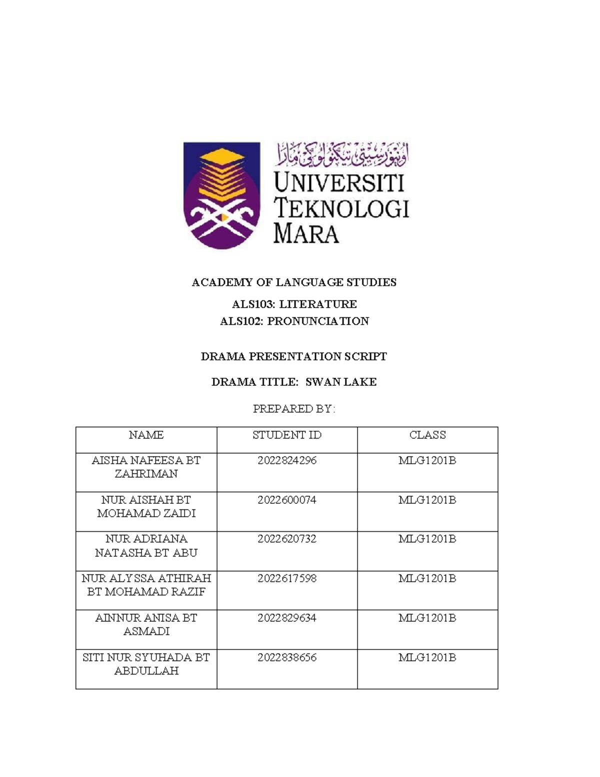 Adapted Drama Script - ACADEMY OF LANGUAGE STUDIES ALS103: LITERATURE ...