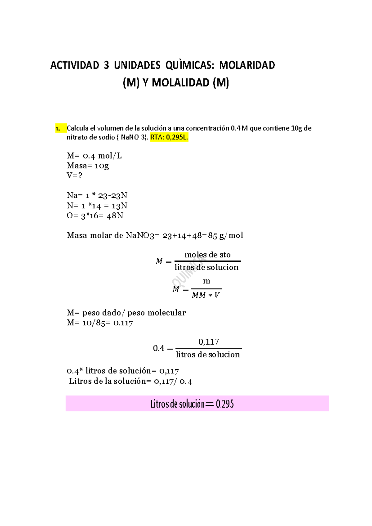 Actividad 3 Quimica - ACTIVIDAD 3 UNIDADES QUÌMICAS: MOLARIDAD (M) Y ...