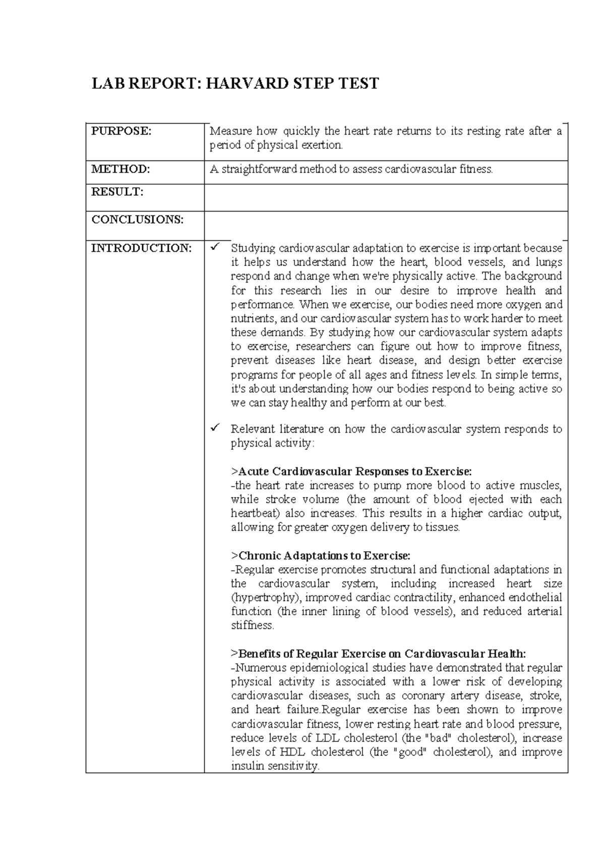 LAB Report Harvard STEP TEST - LAB REPORT: HARVARD STEP TEST PURPOSE ...