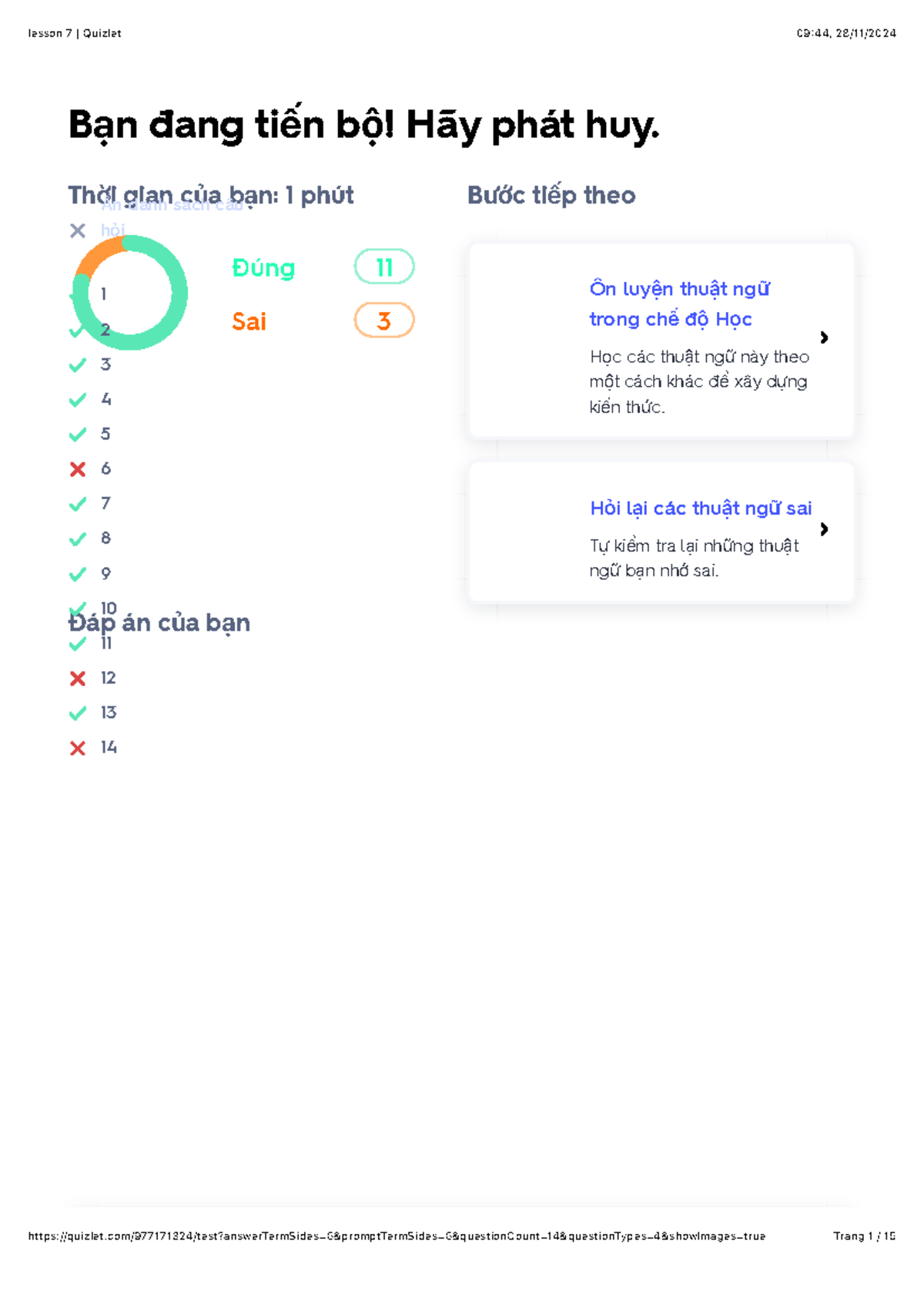 Lesson 7 Quizlet - từ vựng - Bạn đang tiến bộ! Hãy phát huy. Thời gian của bạn: 1 phút 79 % Đúng ...