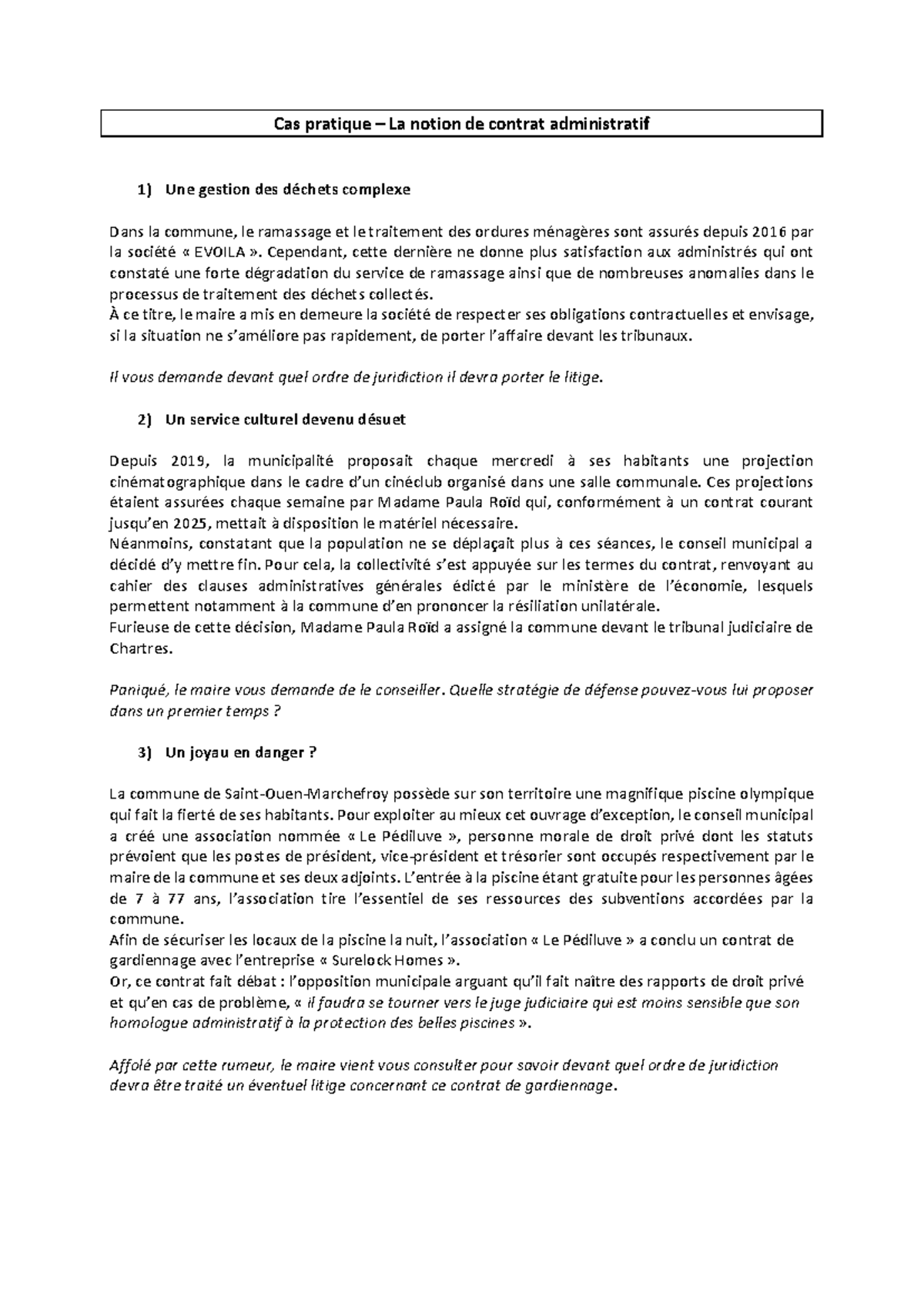 Cas pratique - Notion contrats administratifs sujet - Cas pratique – La ...