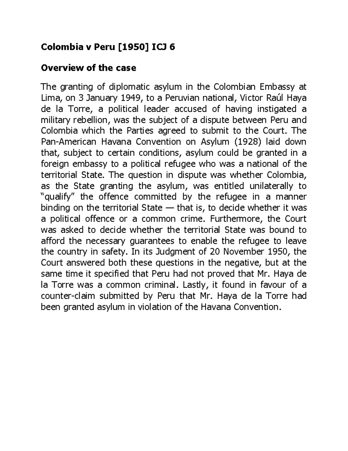 The asylum case - Customary international law principles - Colombia v ...