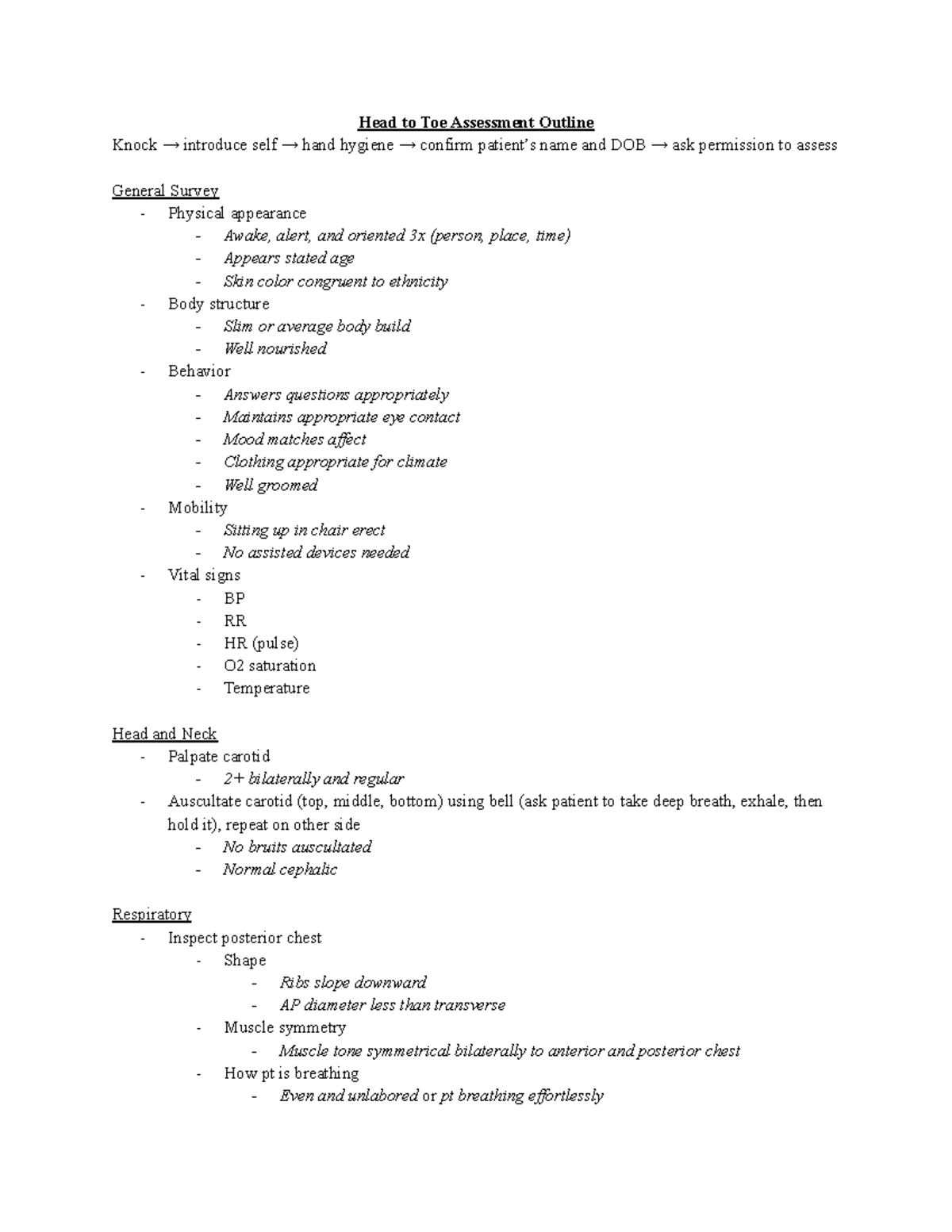 Head Toe Assessment Verbiage - Head to Toe Assessment Outline Knock → ...