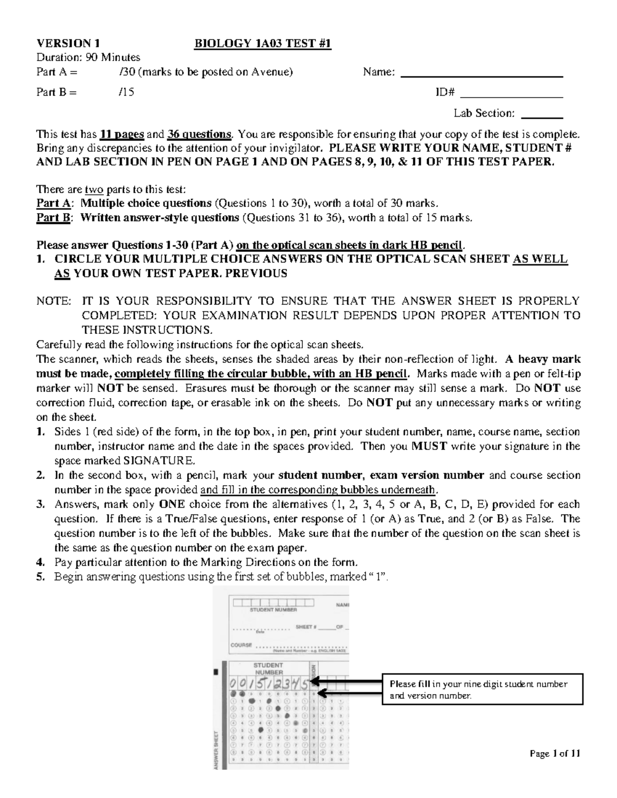 Test 1 January 2015 - VERSION 1 BIOLOGY 1A03 TEST Duration: 90 Minutes ...