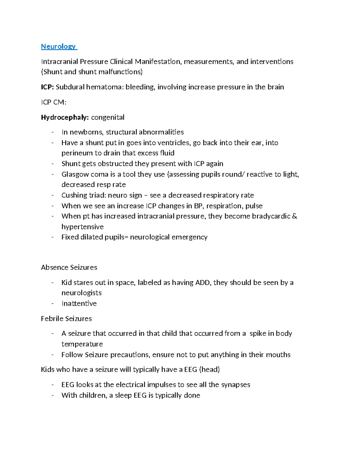 Neurology Peds - Summary Clinical Management of Pediatrics - Neurology ...