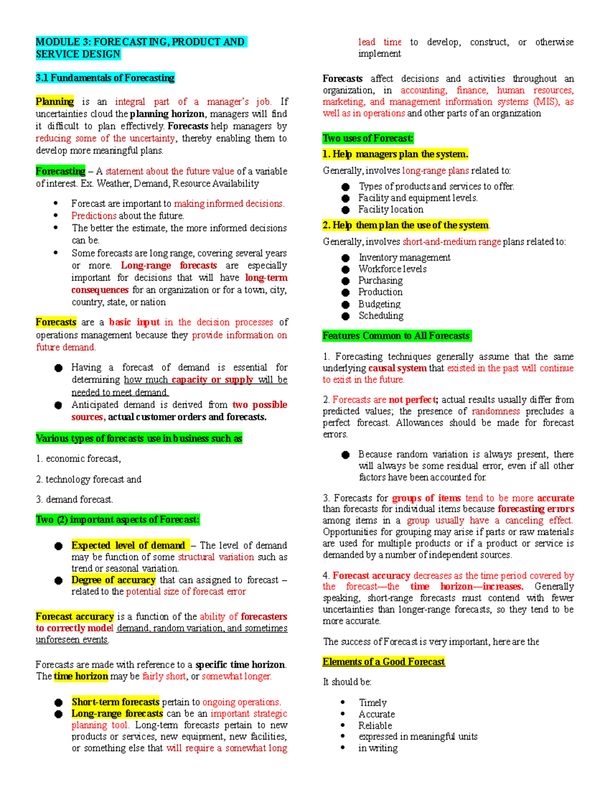 OM Reviewer 3-4 - MODULE 3: FORECASTING, PRODUCT AND SERVICE DESIGN 3 ...
