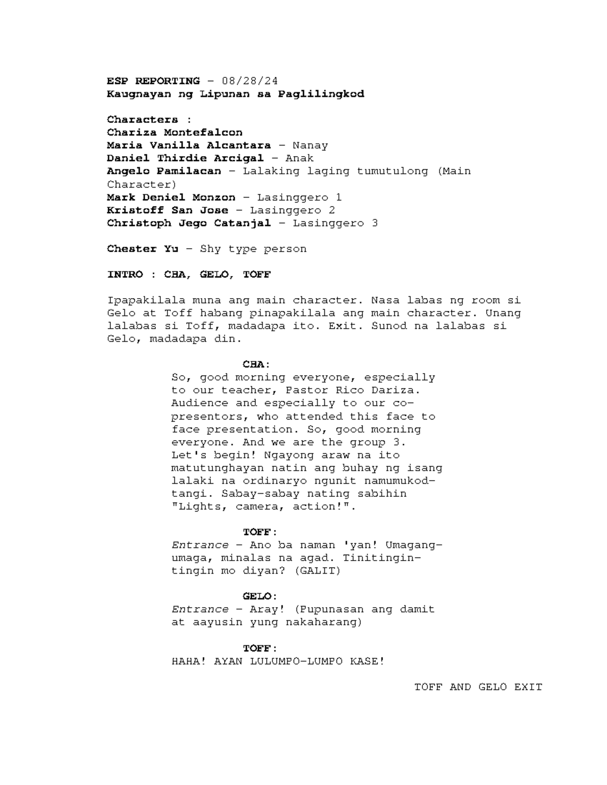 ESP-Reporting-Script - ESP REPORTING - 08/28/ Kaugnayan ng Lipunan sa Paglilingkod Characters ...