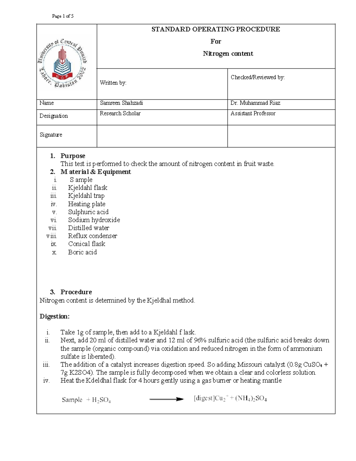 SOP for total nitrogen analysis - STANDARD OPERATING PROCEDURE For ...