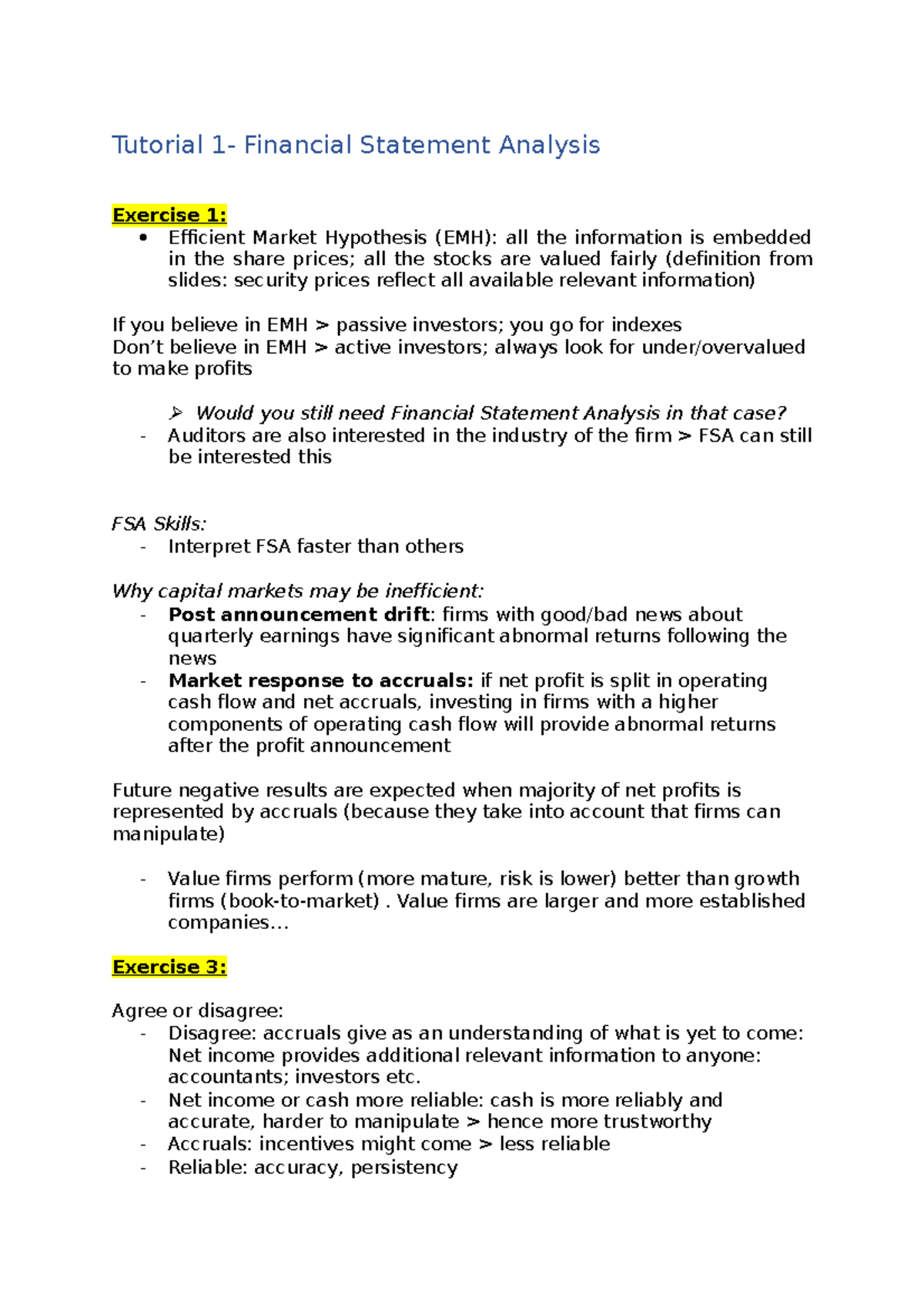 Tutorial 1 FSA - Tutorial 1- Financial Statement Analysis Exercise 1 ...